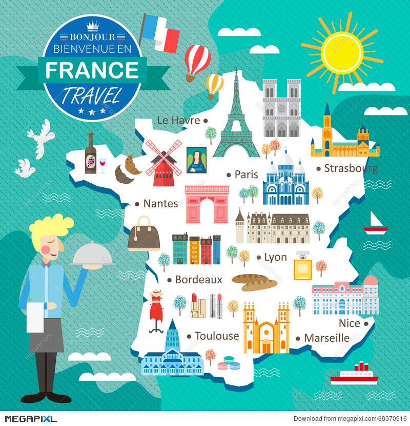 Cartoon Vector Map Of Travel Illustration With French Main Cities Stock ...
