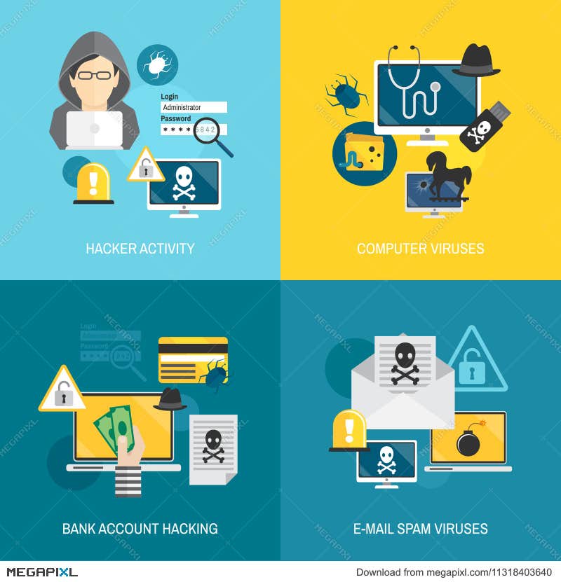 Hacker Activity Computer E Mail Spam Viruses Bank Account Hacking Account Clipart And Illustrations